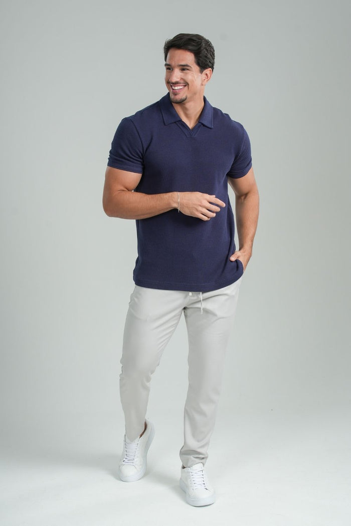 Camisa Polo Rich Tricô Texturizada Sem Botão - Linha Rich - Azul Escur